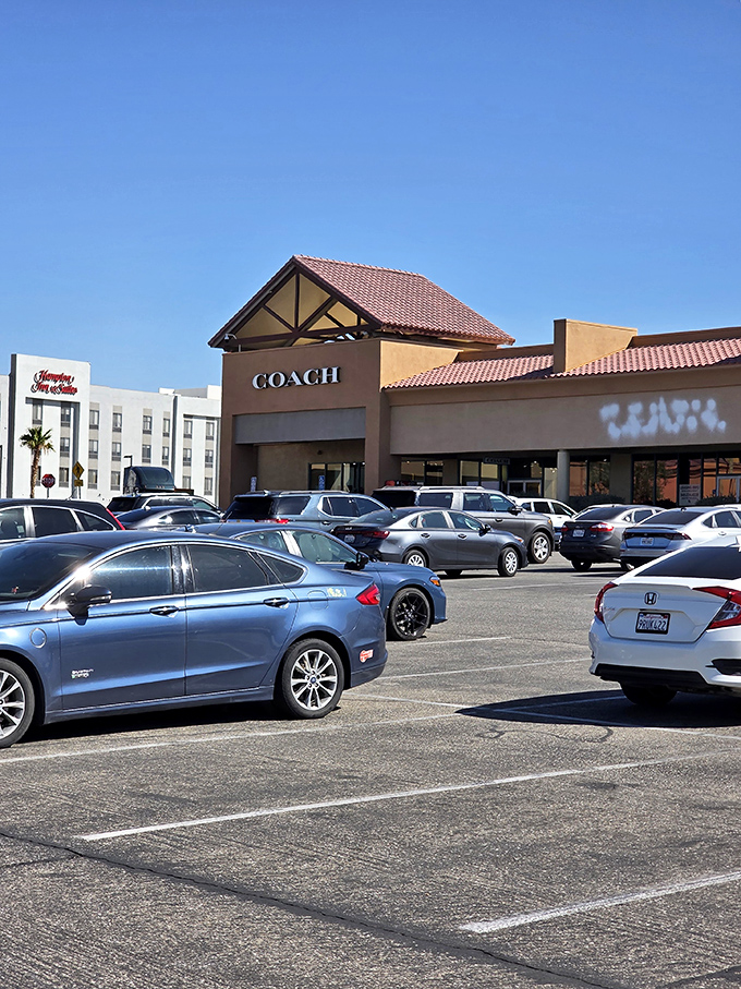 The Coach storefront beckons with promises of leather treasures, while the Hampton Inn in the background offers respite for shoppers needing a recovery nap.