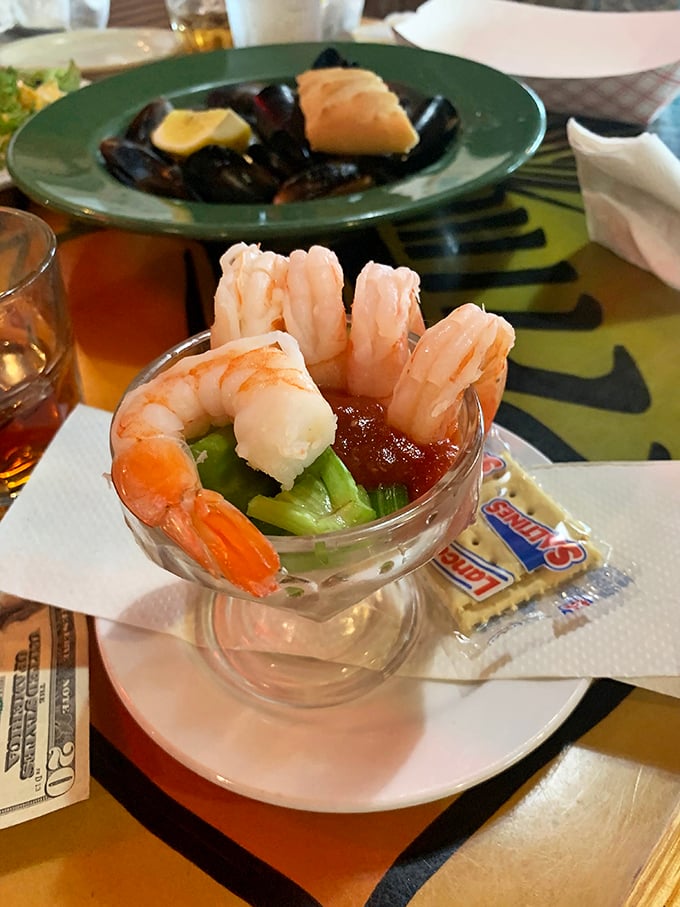 Shrimp cocktail, elevated &ndash; plump crustaceans perched on the rim of a glass, ready to take a dive into that spicy sauce below.
