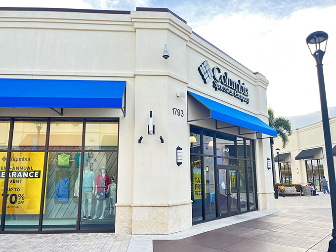 Columbia's storefront promises adventure-ready gear that can handle both Everglades expeditions and the extreme sport of outlet shopping.