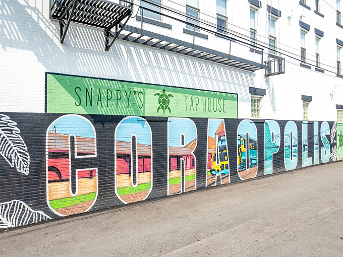 Snappy's colorful mural captures the spirit of Coraopolis in vibrant hues, proving small towns can deliver big personality and civic pride.