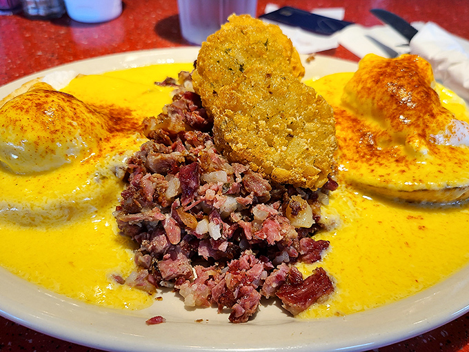 Corned beef hash that would make your Jewish grandmother weep with joy. Those crispy edges and perfectly poached eggs create a breakfast symphony worth getting out of bed for.
