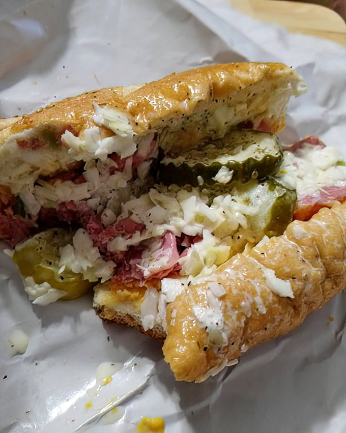 This sandwich cross-section reveals the beautiful stratification of flavors&mdash;like geological layers of deliciousness that took minutes, not millennia, to form.