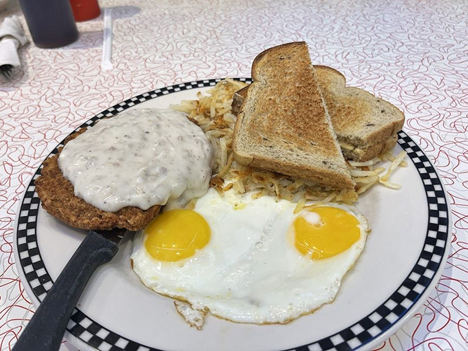 Country fried steak with gravy, sunny-side-up eggs, and toast&mdash;the holy trinity of diner breakfasts that could fuel you through building a barn or just browsing antique shops.