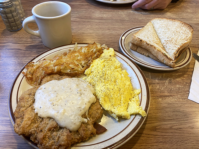 Country fried steak with pepper gravy, eggs, and hash browns&mdash;the breakfast equivalent of a warm hug from your favorite aunt.