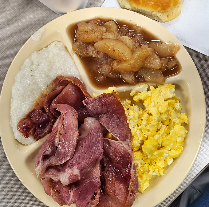 Country ham, scrambled eggs, and stewed apples&mdash;a holy trinity of Southern breakfast that whispers, "Take your time, the day can wait."