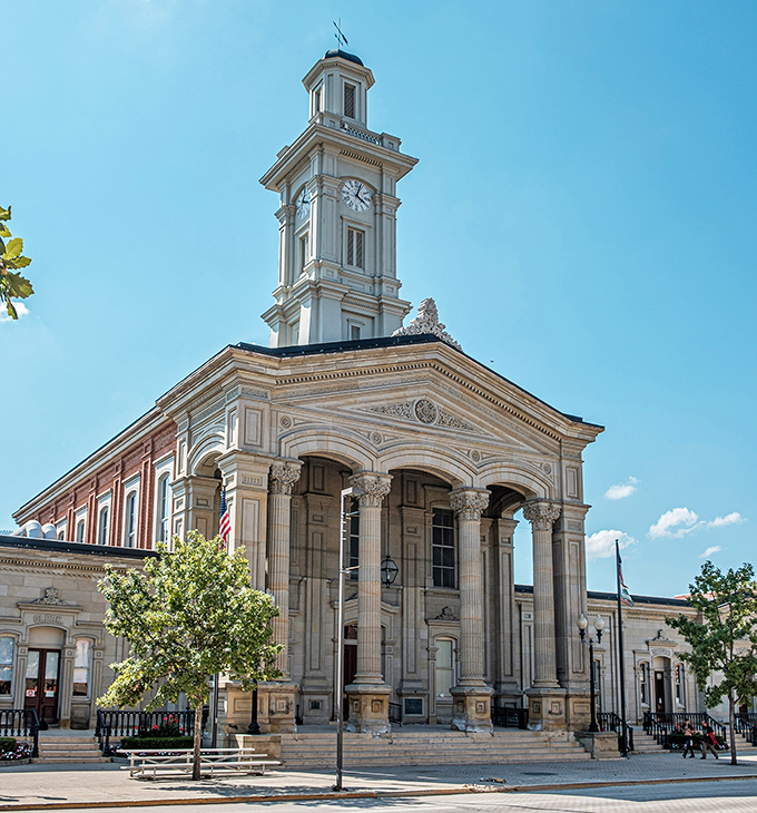The magnificent courthouse tower watches over a community that still believes in neighborly values and civic pride.