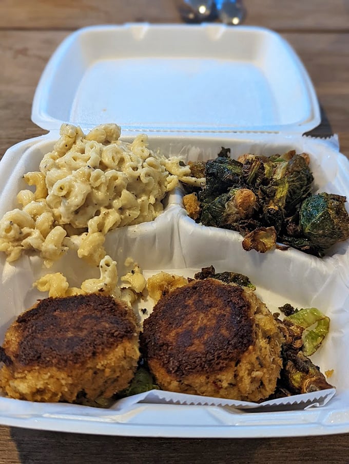 Crab cakes that are actually crab, not filler. Served with crispy brussels sprouts and mac and cheese&mdash;comfort food gets its college degree.