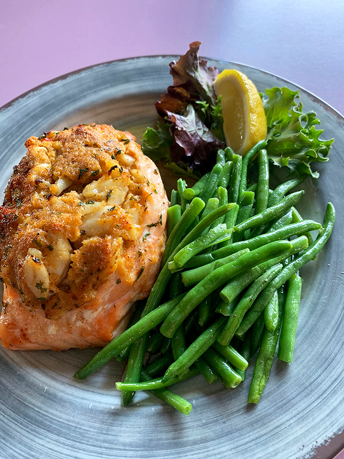This isn't just salmon—it's a perfectly executed seafood symphony with green beans playing backup to the star performer.
