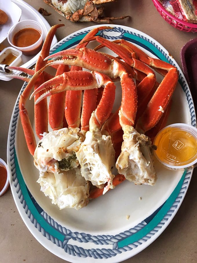 Snow crab legs arranged like a crown jewel of the sea. The meat practically glistens, promising a sweet reward for your efforts.