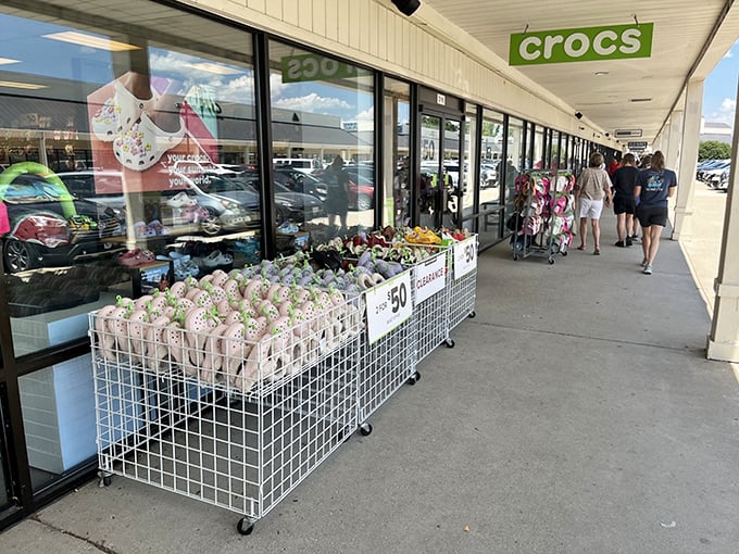 Even Crocs get the outlet treatment, proving that comfort footwear deserves discounted happiness too.