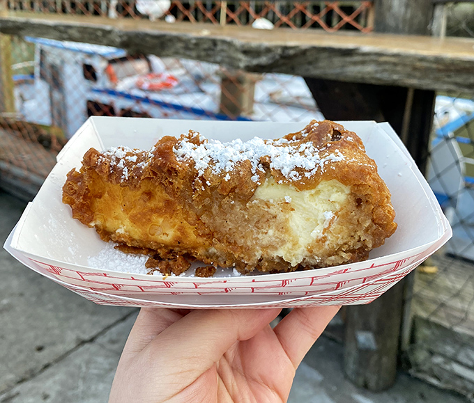 Deep-fried cheesecake dusted with powdered sugar&mdash;where dessert meets carnival food in a romance that would make your cardiologist nervous.