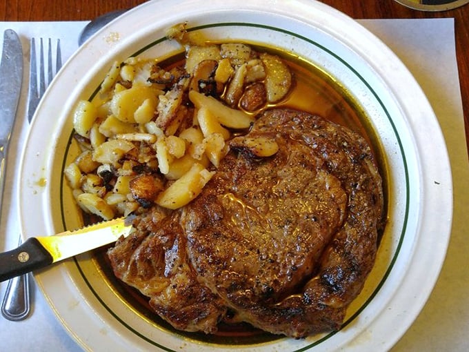 A steak that demands respect and rewards patience. Those perfectly roasted potatoes are no mere sidekicks&mdash;they're co-stars in this meaty drama.