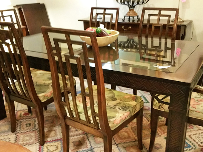 Asian-inspired dining set that makes you wonder if your takeout deserves better presentation. Those geometric chair backs are architectural marvels.