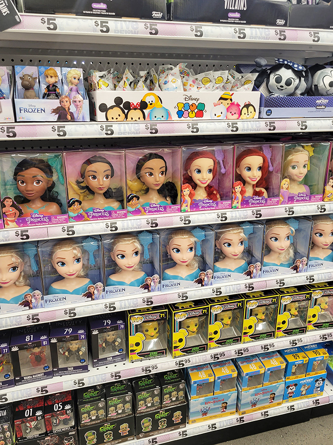 Disney princesses lined up like a magical receiving line, each $5 doll promising to bring royal drama to playrooms without the royal price tag.