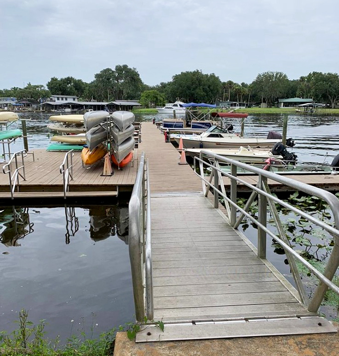 A wooden walkway to adventure&mdash;or at least to those kayaks waiting to help you explore Florida's liquid highways.