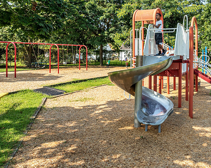Childhood joy never changes—this playground in Doverdale Park offers the timeless thrill of that first whoosh down a metal slide on a summer day.