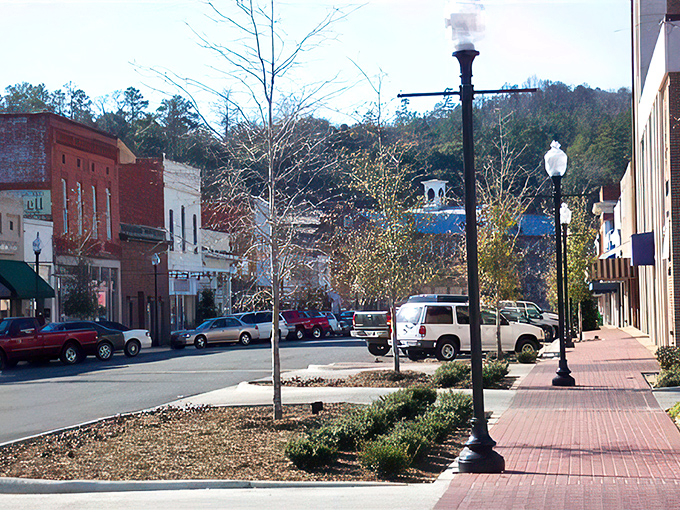Prattville's downtown sidewalks invite leisurely strolls past historic storefronts, where vintage lamp posts add to the town's timeless appeal.