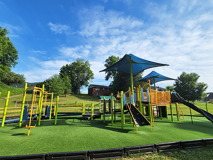 Modern playground equipment with mountain views&mdash;because kids deserve both adventure and scenery during their energy-burning sessions.