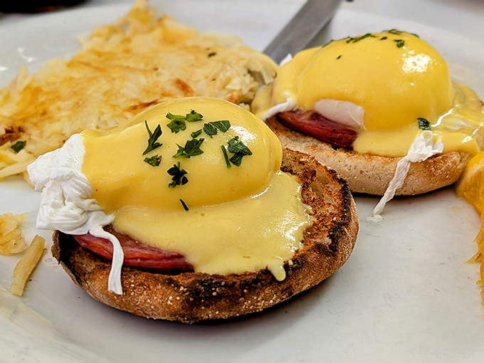 Eggs Benedict done right&mdash;perfectly poached eggs perched atop English muffins, draped in hollandaise that's sunshine on a plate. Brunch perfection achieved.