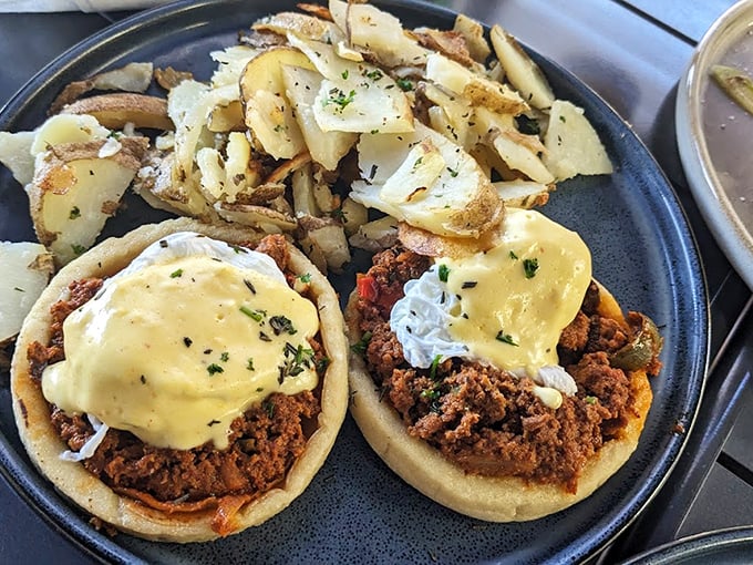 These aren't your standard English muffins&mdash;Vovomeena's take on Eggs Benedict features savory corn cakes topped with chorizo and hollandaise that dreams are made of.