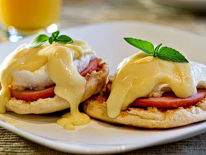 Eggs Benedict that puts the "dict" in addiction&mdash;hollandaise cascading like a yellow waterfall of happiness over perfectly poached eggs and Canadian bacon.