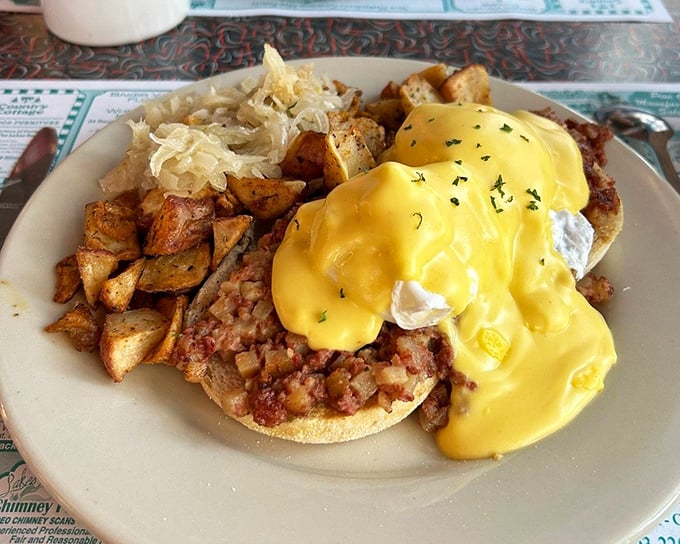 Eggs Benedict that would make a food photographer weep&mdash;hollandaise cascading over corned beef hash like a yellow waterfall of deliciousness.