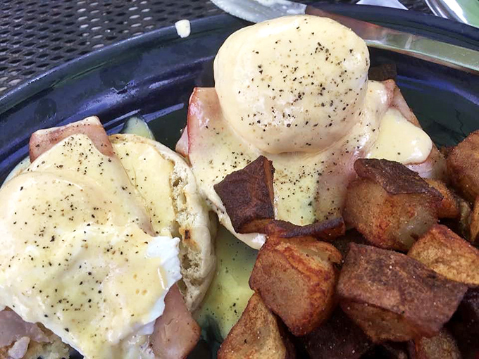 Eggs Benedict perfection: poached eggs perched atop ham and English muffin, draped in hollandaise that would make Julia Child weep with joy.
