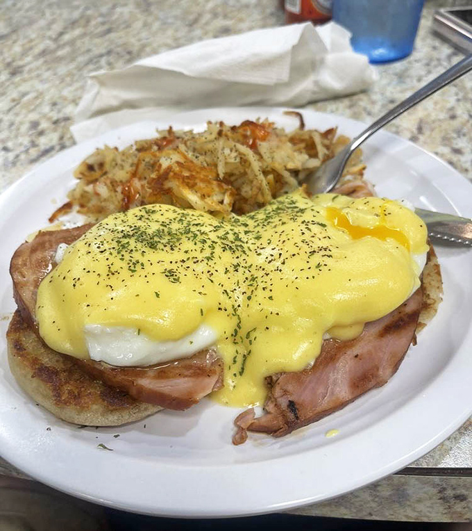 Eggs Benedict done right: a perfectly poached egg perched atop Canadian bacon, all swimming in hollandaise that's basically liquid sunshine.