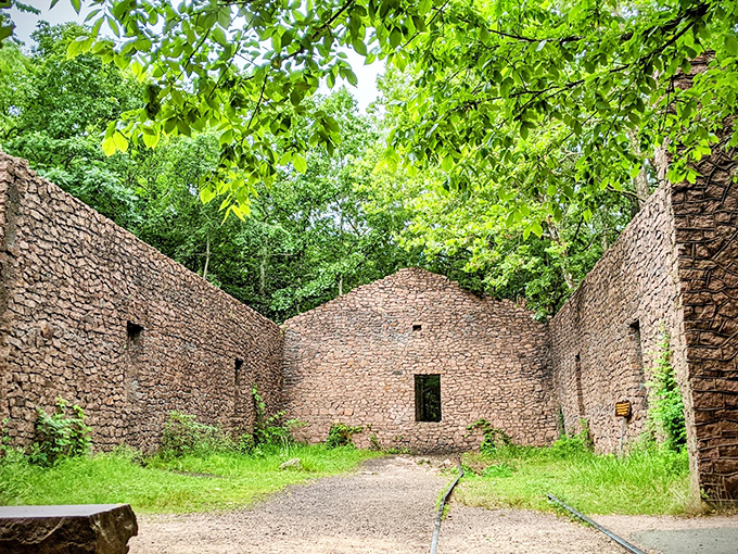 History written in stone. The Engine House Ruins whisper tales of Missouri's industrial past when this peaceful park was once a bustling quarry.