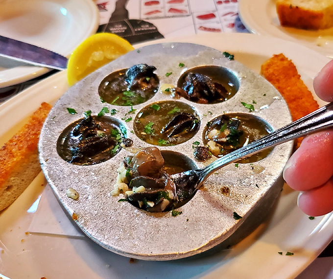 Escargot served in their traditional dimpled dish—like little hot tubs of garlic butter where snails go for their final, delicious spa day.