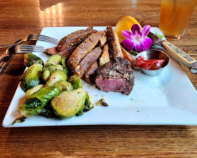 Brussels sprouts that could convert even the most dedicated vegetable skeptic accompany a steak duo that would make any carnivore weak at the knees.