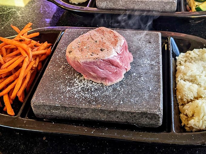 Filet mignon getting the hot rock treatment &ndash; proof that playing with fire can indeed be deliciously rewarding.