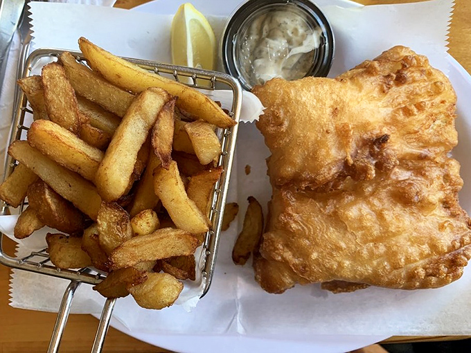 Golden-battered fish with proper chips &ndash; not those skinny fries imposters. This is the dish that launched a thousand British pubs.