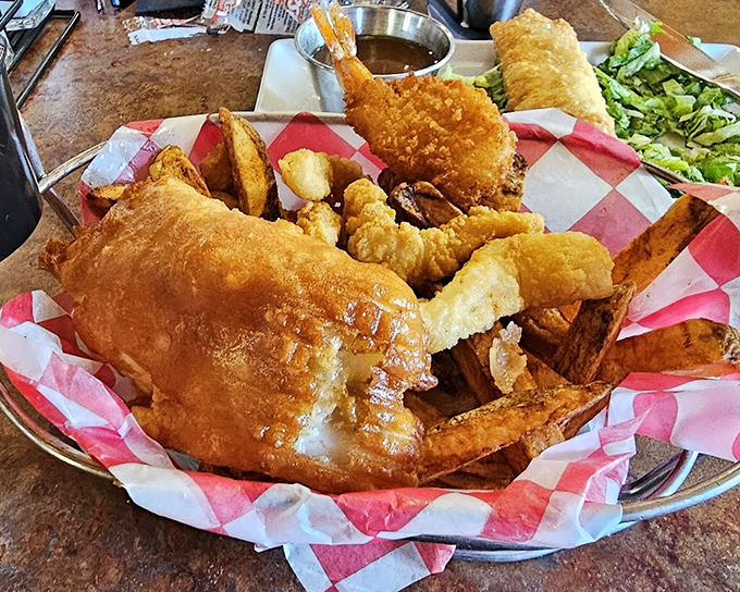 Golden fish and chips that would make a British pub owner weep tears of joy and envy.