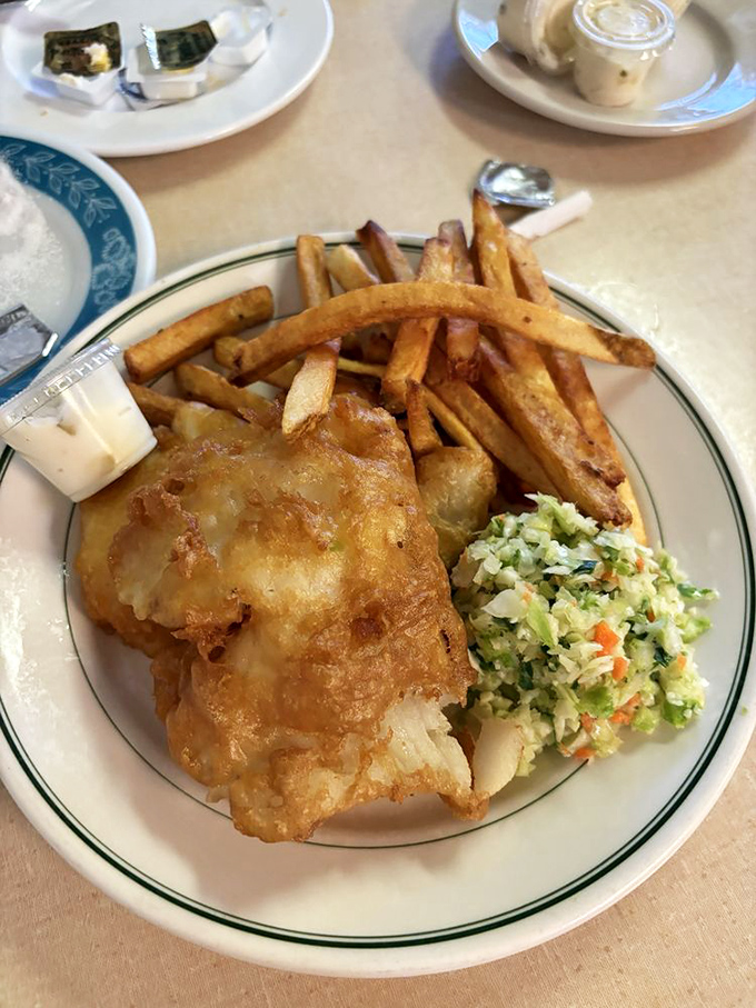 Behold the holy trinity of fish, chips, and coleslaw&mdash;a plate so perfectly balanced it could bring peace to warring nations.