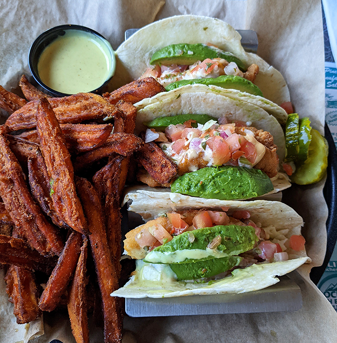 Fish tacos with sweet potato fries&mdash;proof that even classic diners know how to swim in contemporary culinary waters.