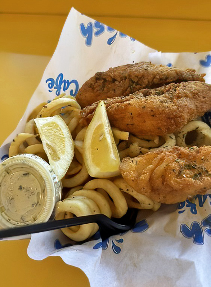 Golden fish and chips that would make any British pub weep with envy, served with California sunshine on the side.