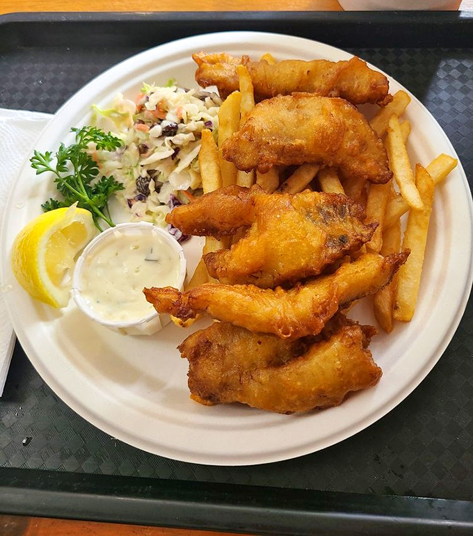 Golden-battered fish and chips that crackle with each bite, served with a side of coleslaw that adds just the right amount of crunch and tang. The ocean called&mdash;it wants to thank you. 