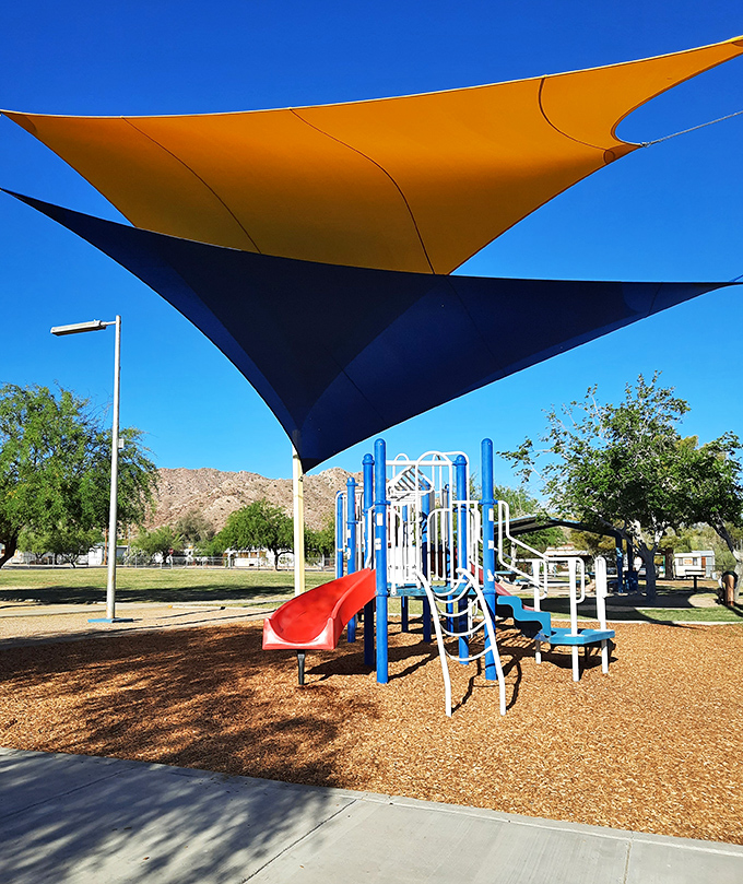 Even the playground in Ajo gets the royal treatment with those shade sails. Desert parenting hack: slides that won't sear little legs in July.