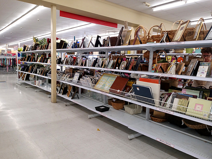 Picture frames and wall art: where someone else's abandoned family portrait becomes your ironic conversation piece or genuine artistic find.