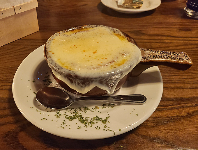 French onion soup that's more cheese than bowl &ndash; exactly as it should be. The bubbling top is practically performing a culinary standing ovation.