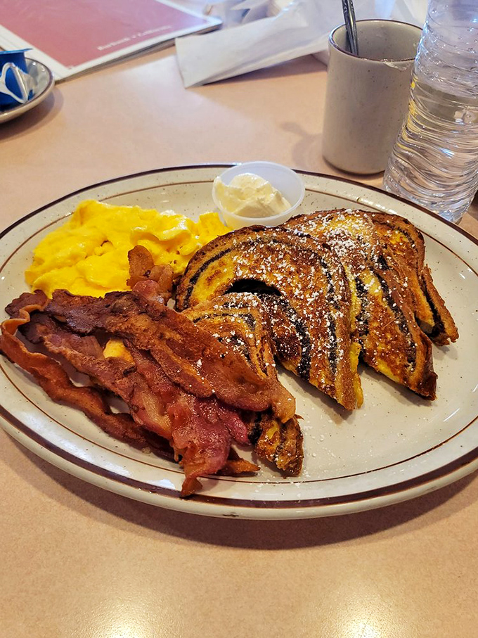 French toast with the perfect griddle marks&mdash;like tiger stripes if tigers were delicious and came with perfectly crispy bacon.