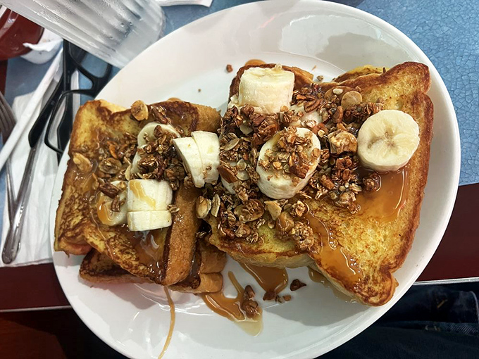 French toast so decadent it could make a grown person shed tears of joy &ndash; bananas and nuts optional, happiness guaranteed.