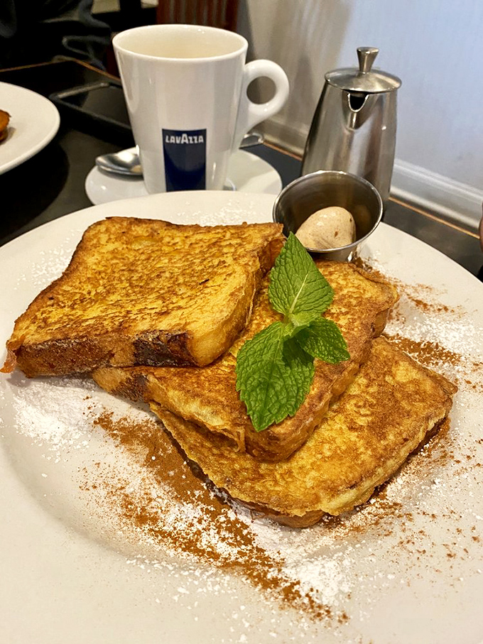 French toast that arrives dressed for success, with cinnamon playing backup singer to the maple syrup headliner.