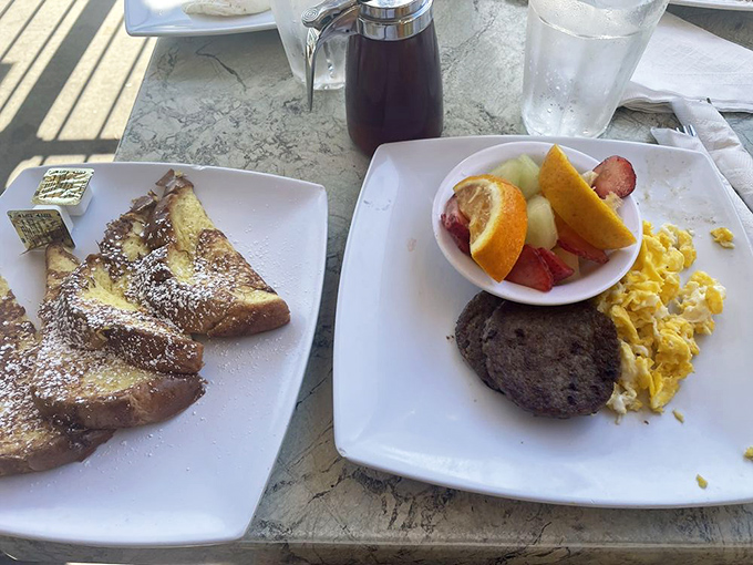 French toast that doesn't need a passport to transport you to weekend bliss, paired with eggs that sunny side up your mood.