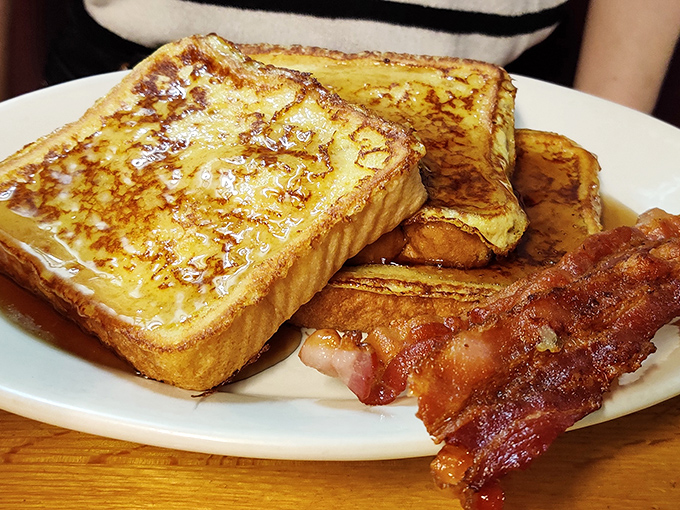 French toast that's achieved that mythical balance&mdash;crispy edges, custardy centers, and bacon cooked to that perfect point between chewy and crisp. Breakfast nirvana!