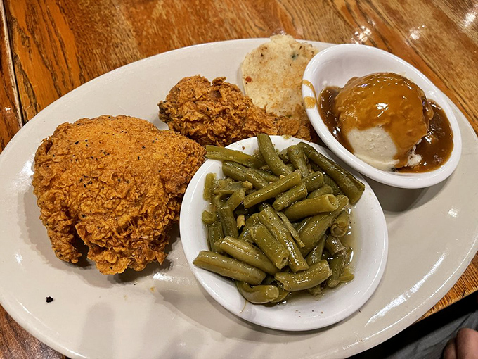 Southern fried chicken that doesn't need a fancy introduction &ndash; just perfectly seasoned crust protecting juicy meat, with sides that refuse to be overshadowed.