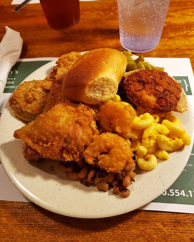 A plate that sings the greatest hits of Southern comfort&mdash;fried chicken with that perfect crunch, mac and cheese, and a roll that's begging for butter.