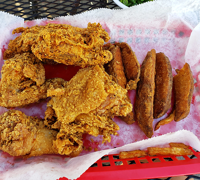 Golden-fried chicken that makes you understand why people write songs about comfort food, with potato wedges playing the perfect supporting role.