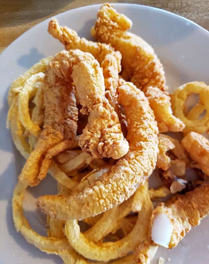 Golden-fried perfection! These crispy morsels and onion rings are the reason elastic-waist pants were invented.
